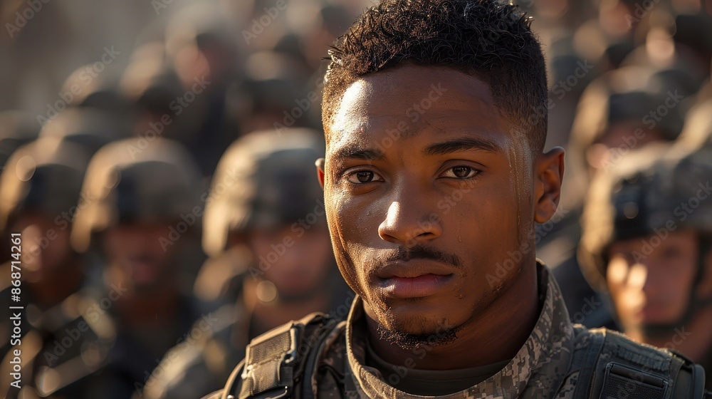 Young Handsome Black Man in Army Uniform Standing at Attention with ...