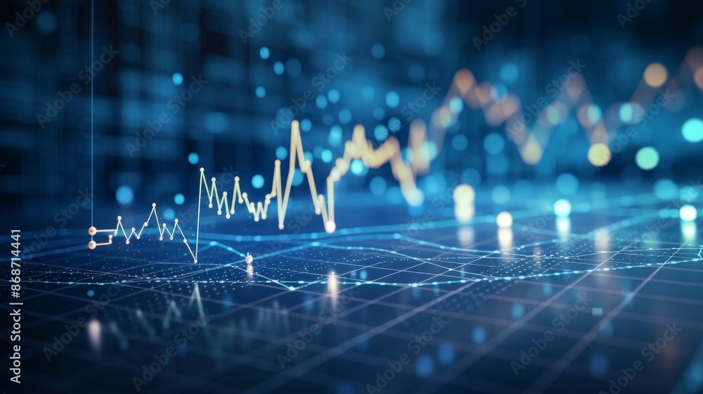 Detailed close up of blue stock market trading chart with candlestick ...