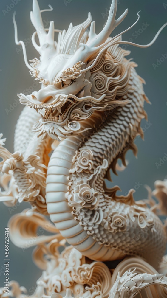 Intricate Chinese dragon sculpture against a neutral backdrop ...