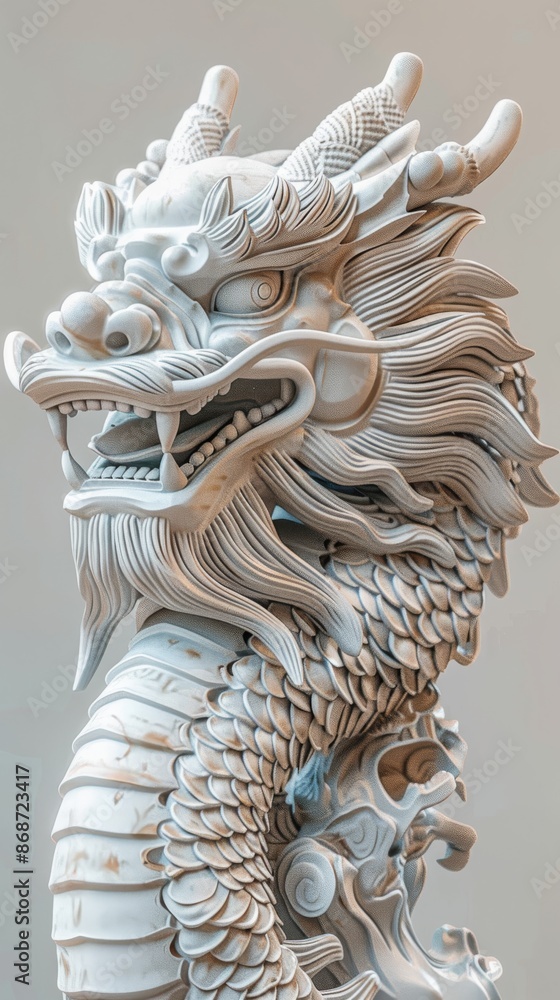 Intricate Chinese dragon sculpture against a neutral backdrop ...
