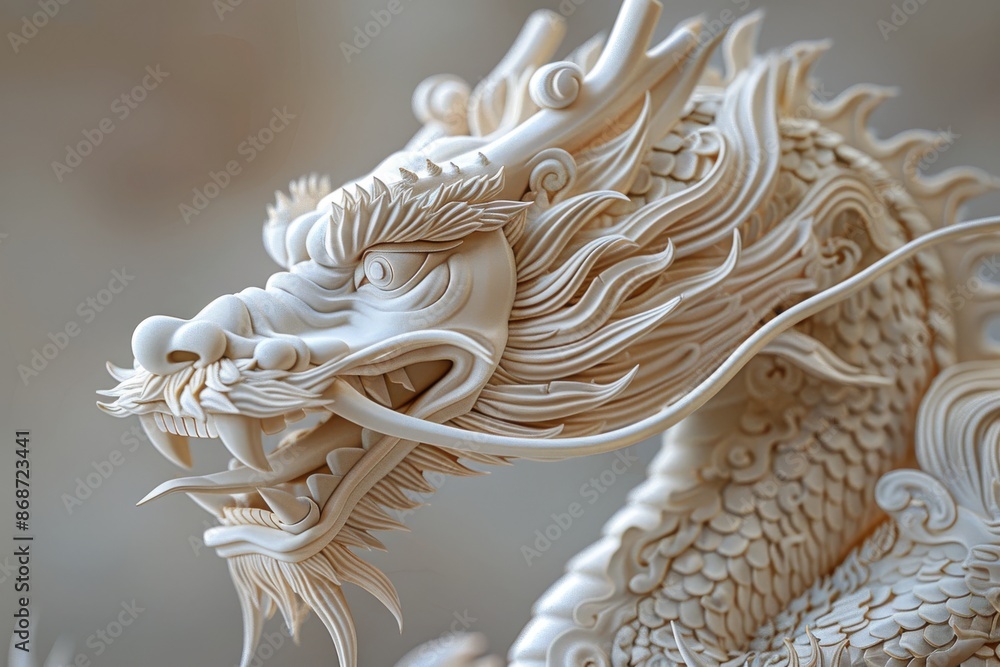 Intricate Chinese dragon sculpture against a neutral backdrop ...