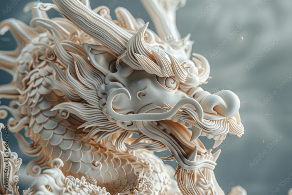 Intricate Chinese dragon sculpture against a neutral backdrop ...