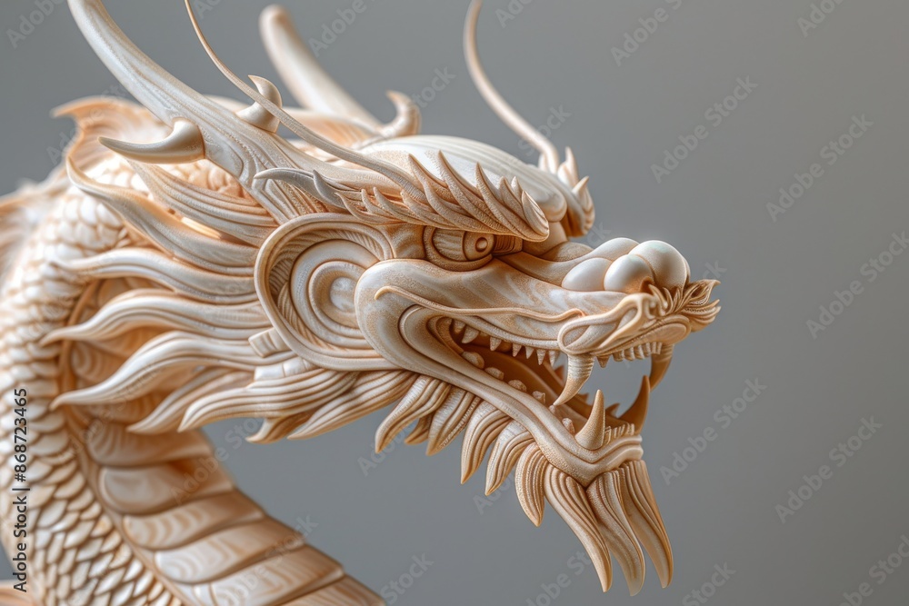 Intricate Chinese dragon sculpture against a neutral backdrop ...