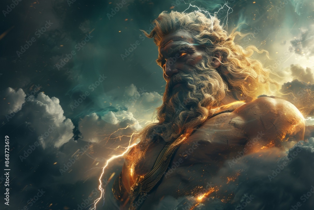 Mythological Zeus, depicted with a powerful and majestic presence, holding a lightning bolt ...