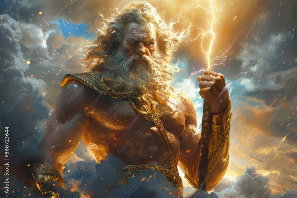 Mythological Zeus, depicted with a powerful and majestic presence, holding a lightning bolt ...