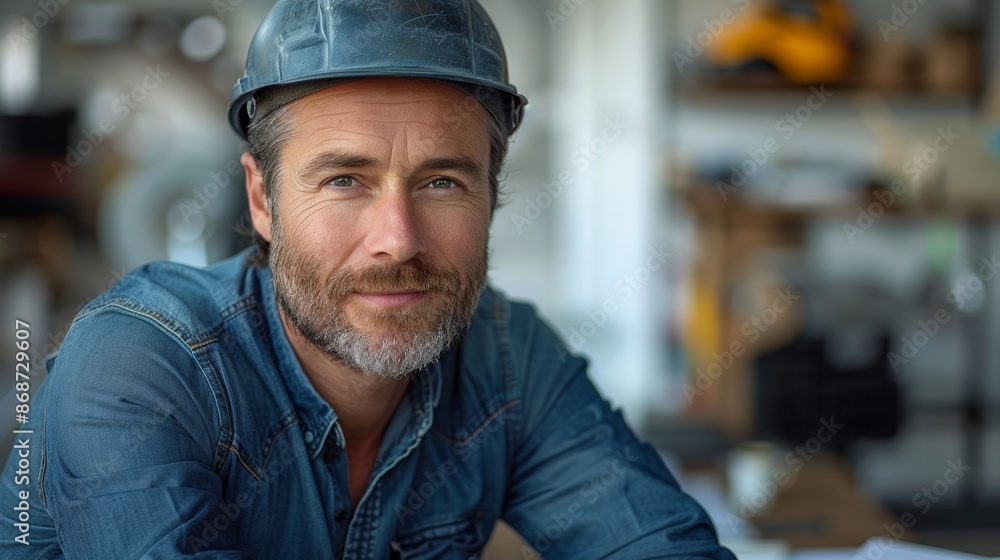 Photograph of a civil engineering, male worker looking at the camera ...