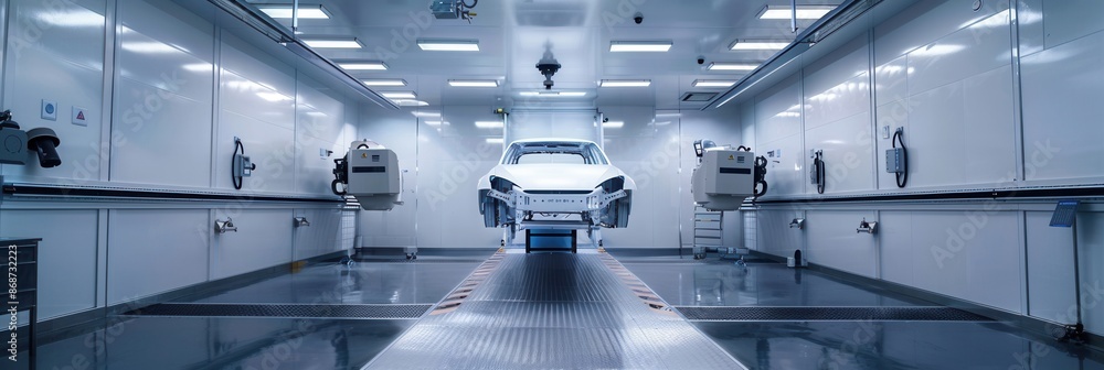 A clean and modern car painting shop with robotic systems for efficient ...