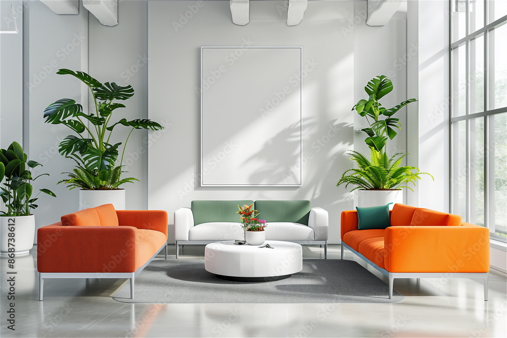 Bright Lobby with Modern Sofas - large-format poster mockup Stock Photo ...