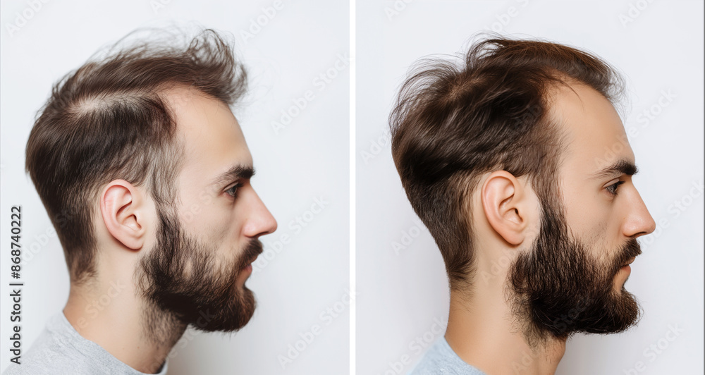 Collage of two photos of a man with a beard hair loss problem before ...