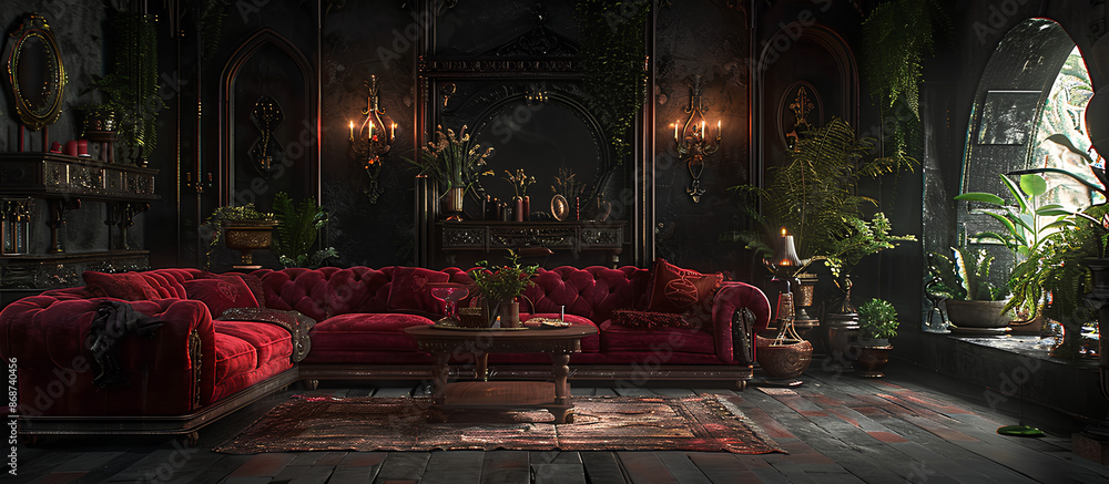 Victorian Vampire's Lair with rich velvet upholstery, Gothic decor, and ...
