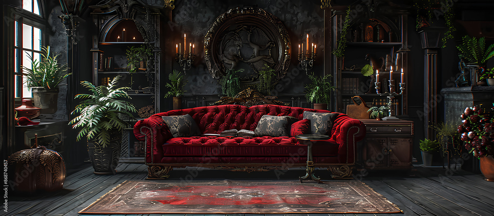 Victorian Vampire's Lair with rich velvet upholstery, Gothic decor, and ...