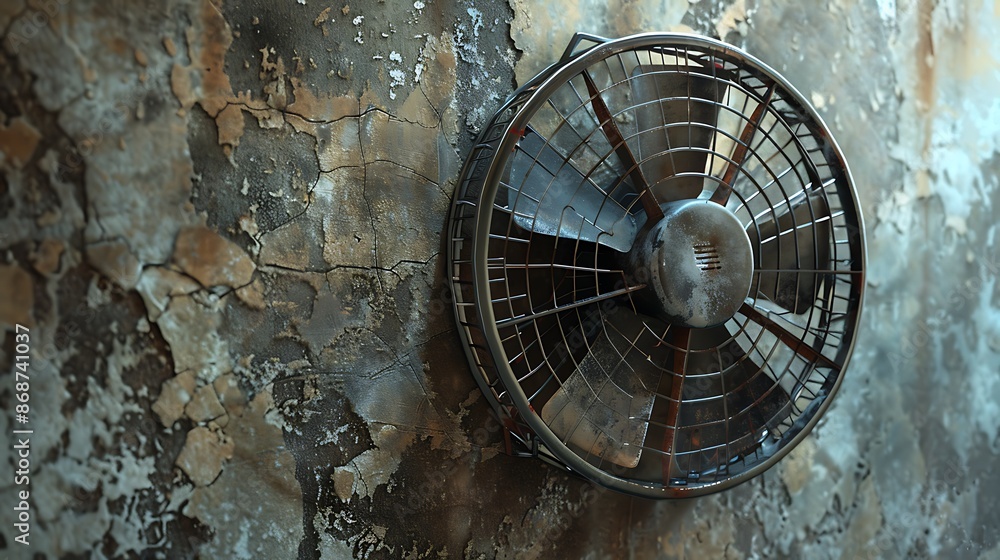Old air conditioner fan hang on a broken wall very detailed and ...