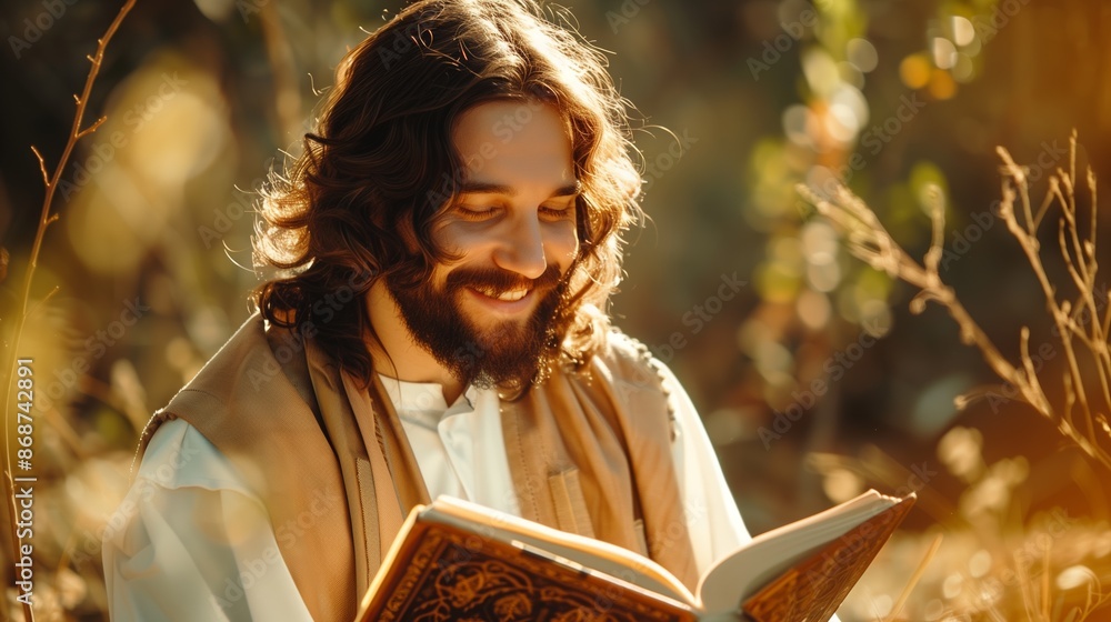 Jesus Christ happy witha smile reading and old bible book Stock Photo ...
