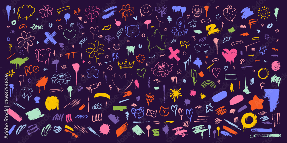 Set of cute, kawaii doodles. Hand drawn anime characters, brush strokes ...