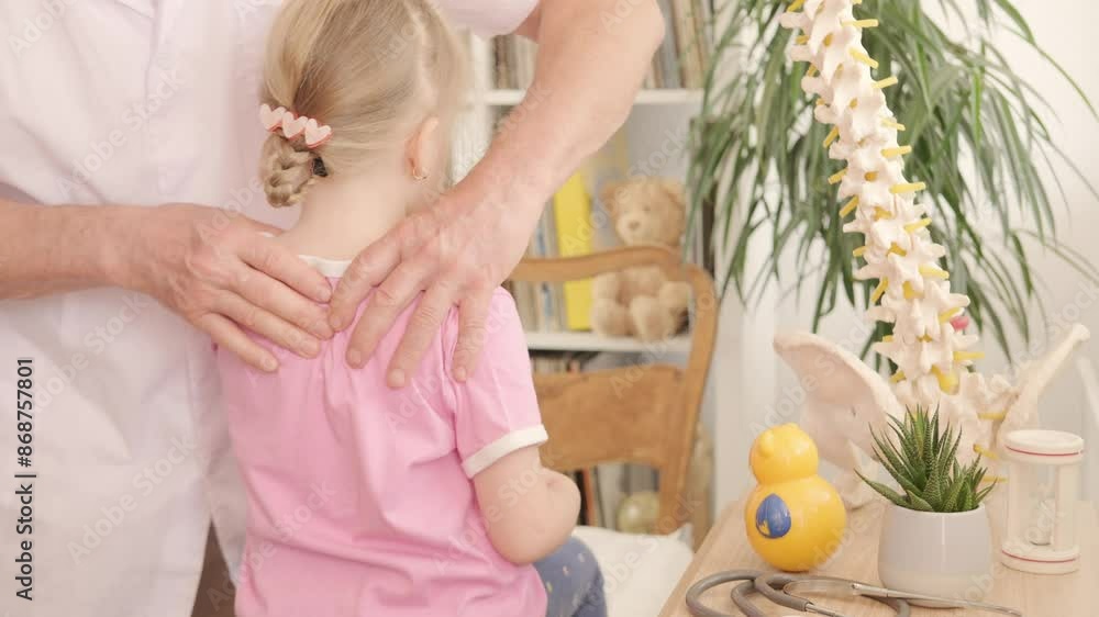 male Orthopedist doctor conducts spinal examination child, young girl ...