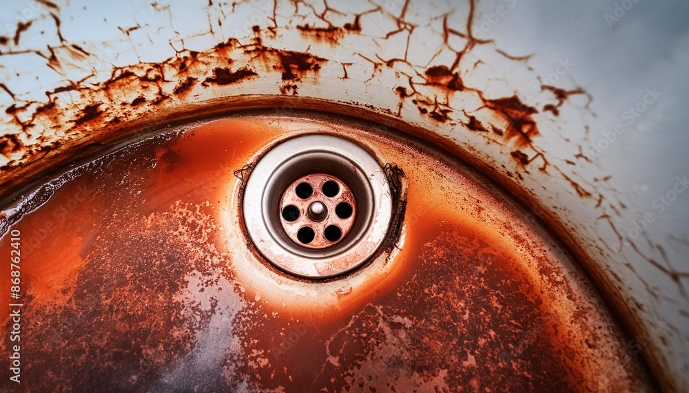 an old rusty bathtub with a metal drain hole dirty cracked unclean ...