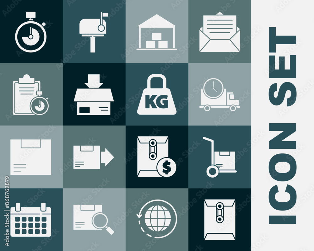 Set Envelope, Hand truck and boxes, Logistics delivery clock, Warehouse, Carton cardboard ...