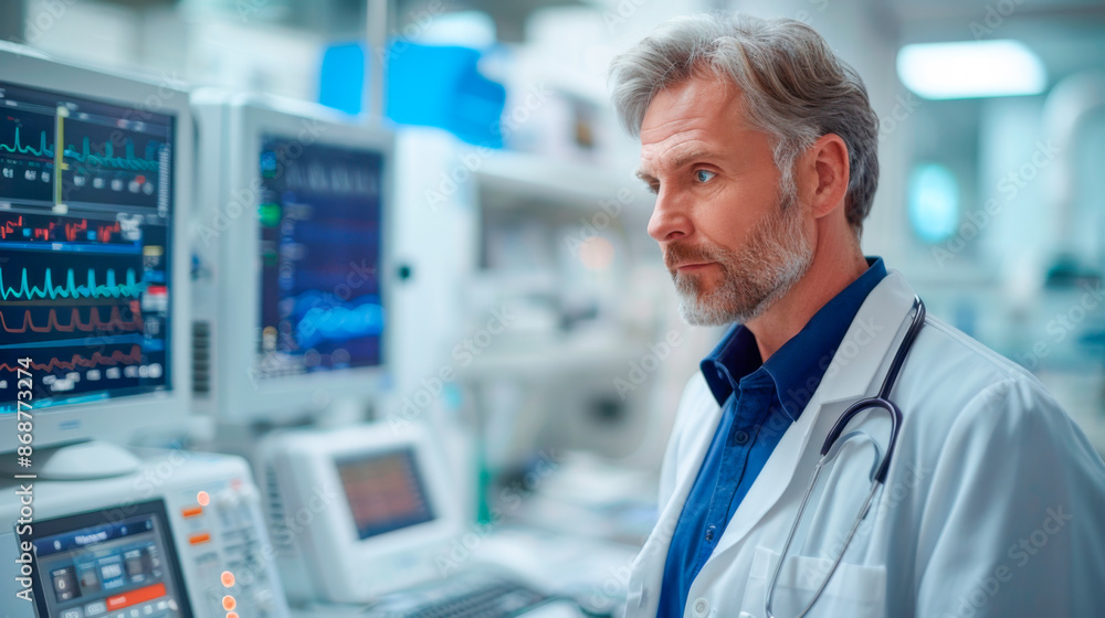 Monitoring Vital Signs. A doctor standing attentively in front of ...