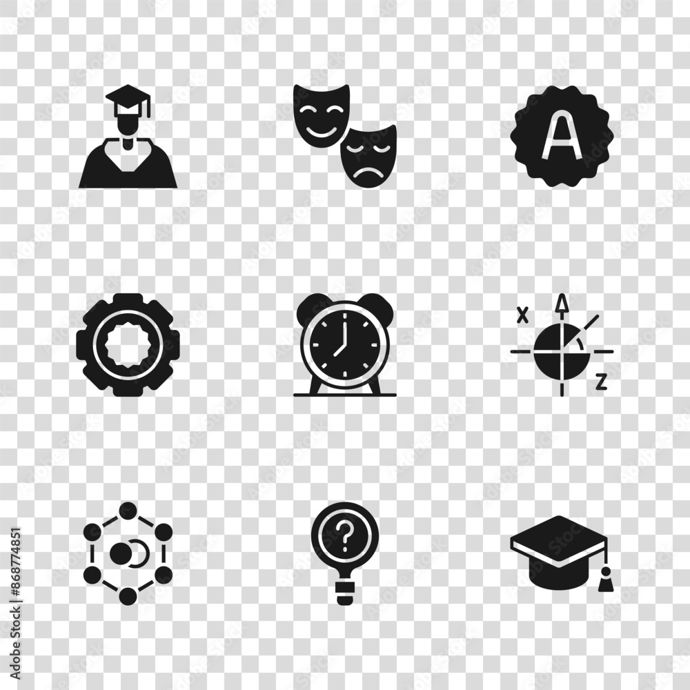 Set Unknown search, Trigonometric circle, Graduation cap, Alarm clock ...