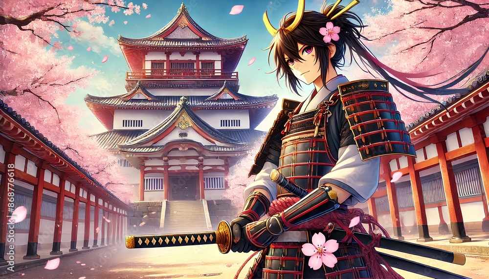 Samurai in armor with katana, old temple background, falling sakura ...