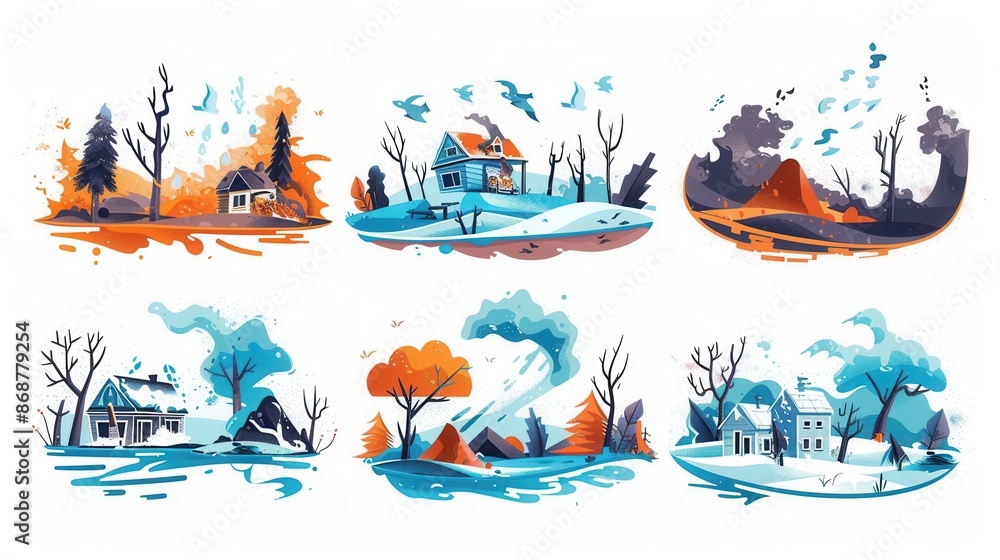 A set of six cartoon illustrations featuring various natural disasters ...
