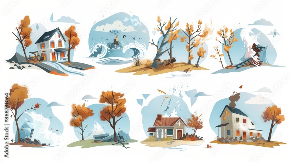 Flat illustrations of natural disasters like hurricanes, forest fires ...