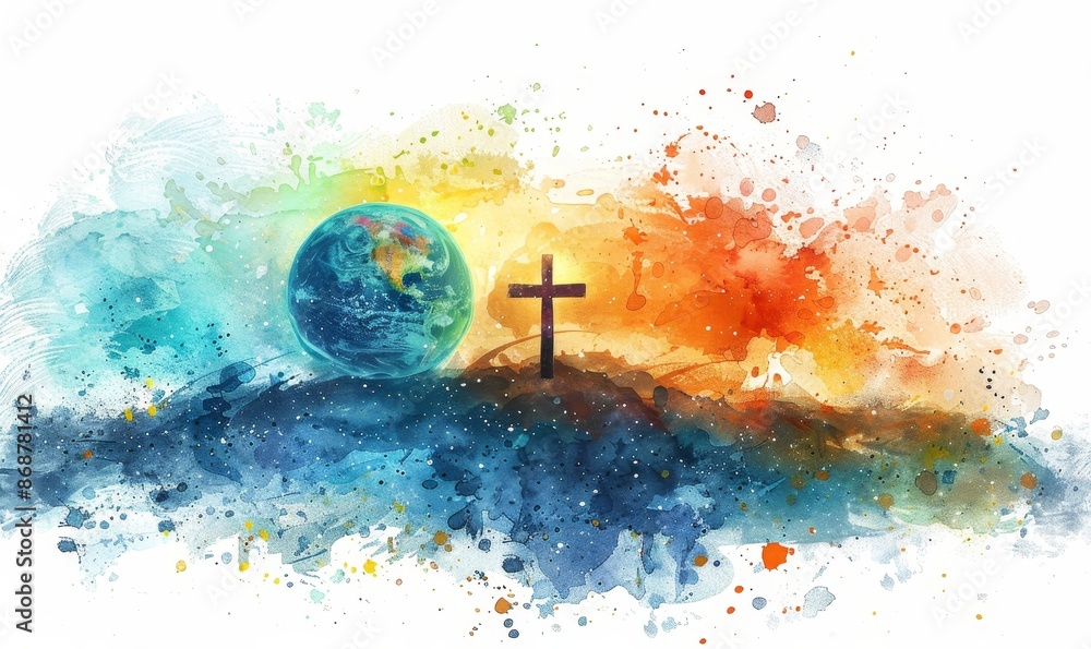 Earth and cross on a white background with watercolor splashes ...