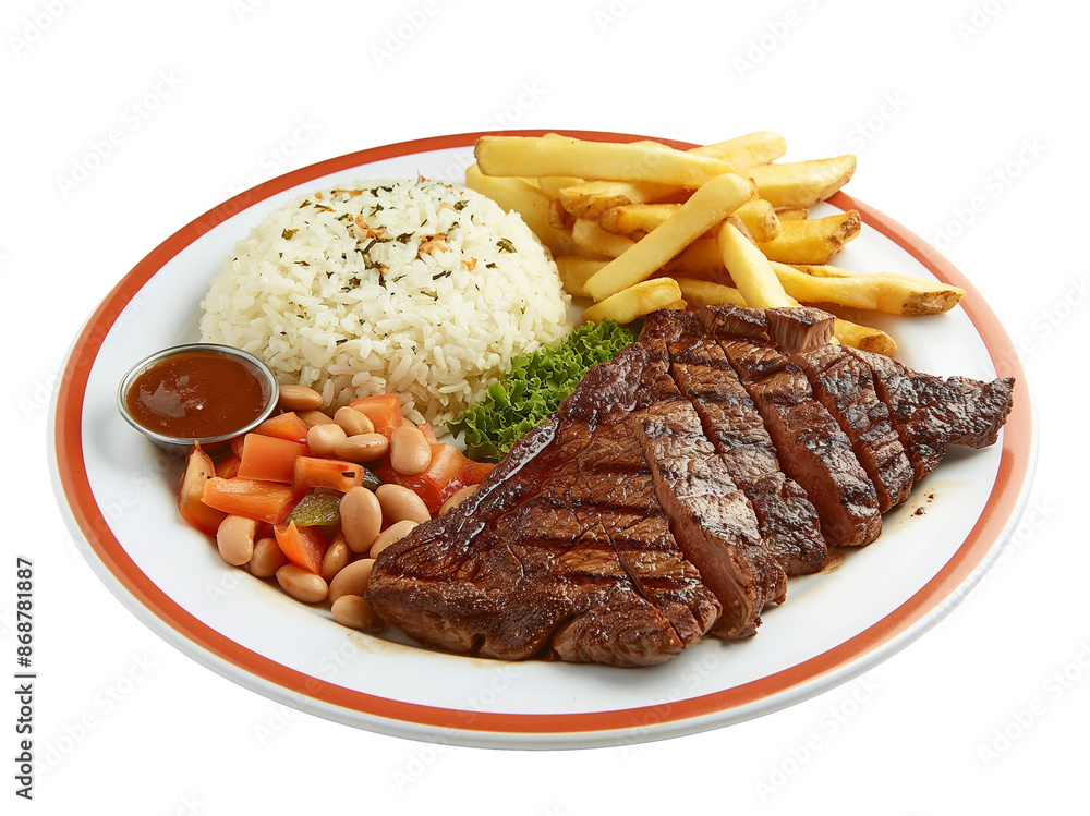 Prato feito de comida com arroz, feijão, bife e batata frita, conhecido ...