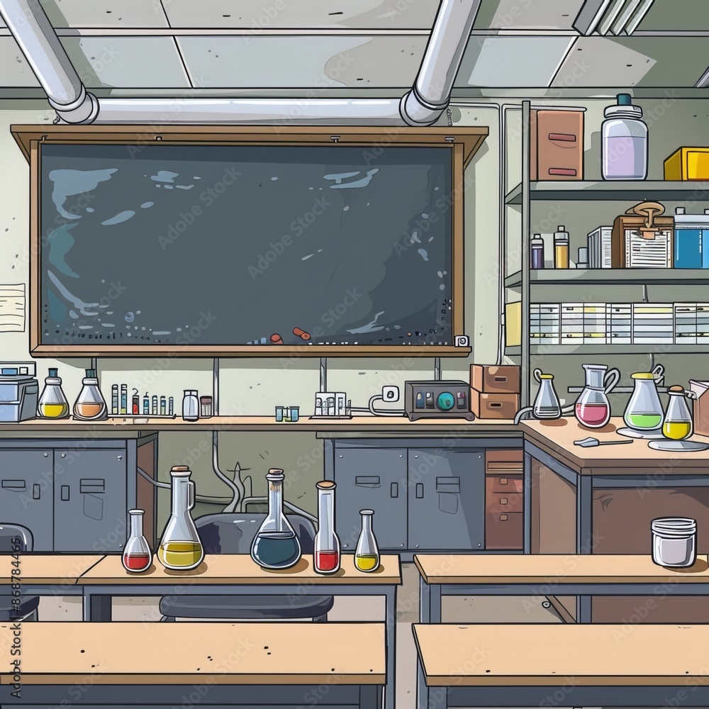 Classroom with lab equipment for chemistry. There's a blackboard, desks ...