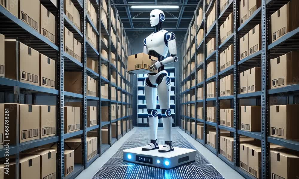 humanoid robot navigates an expansive warehouse, efficiently handling ...