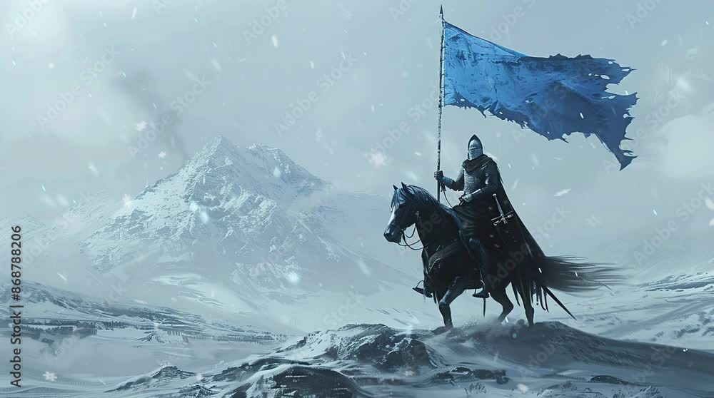 Medieval knight riding horse with blue flag atop a hilltop Seamless ...