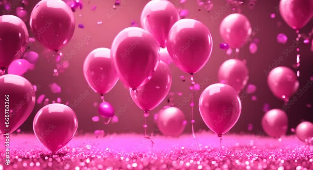 A cluster of elegant pink balloons floating amidst a burst of confetti ...