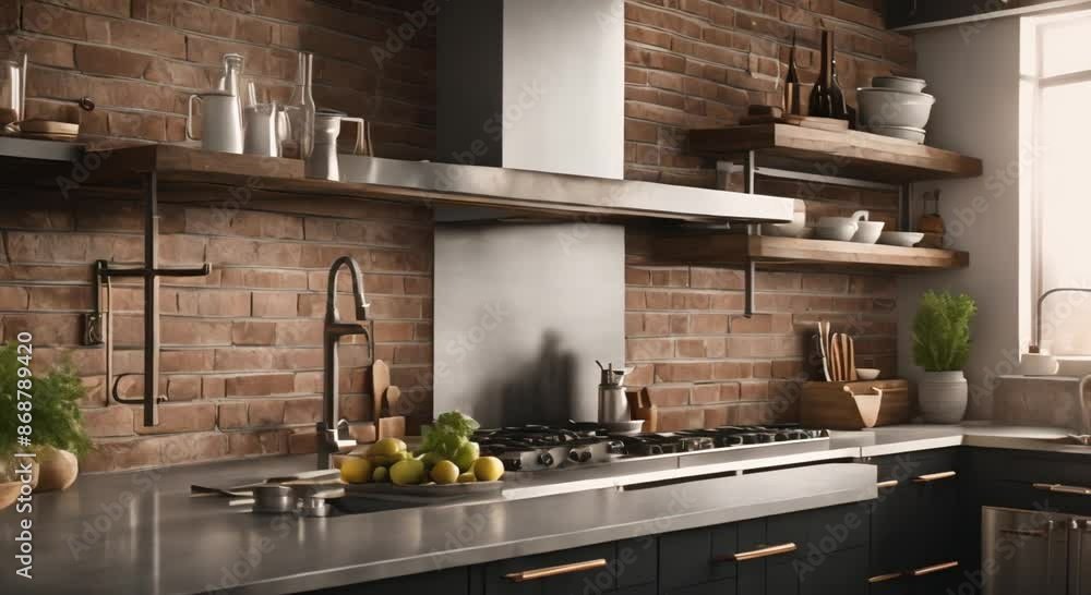 Rustic industrial kitchen with exposed brick walls dark cabinets and ...