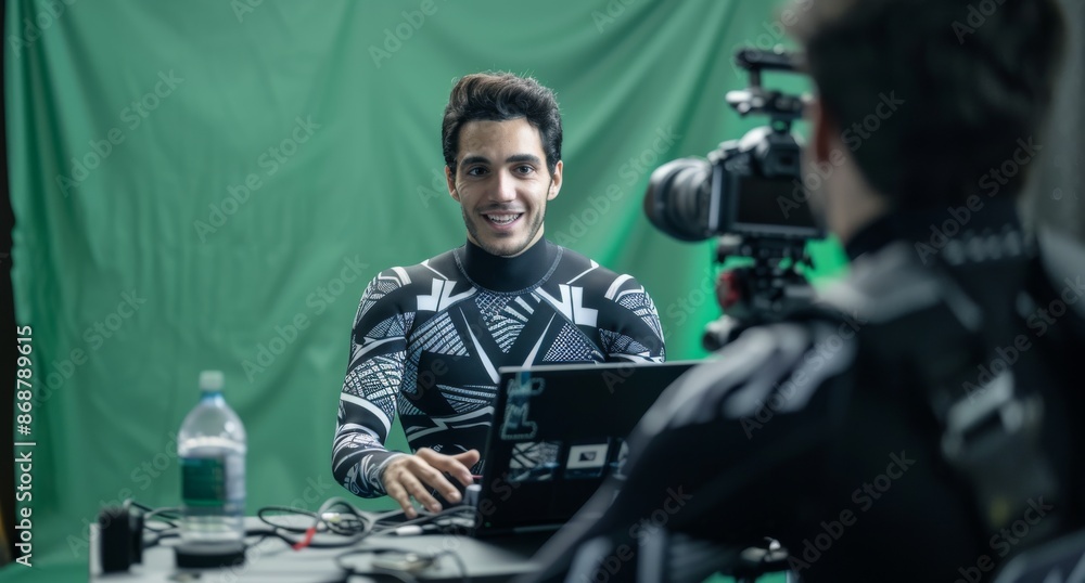 Man in motion capture suit filming in green screen studio with ...