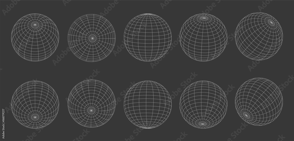 Globe grid spheres. Striped 3D wireframe spheres, geometry globe grid, earth latitude and ...