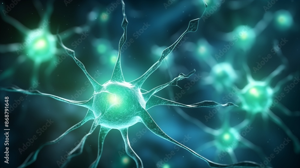 Conceptual illustration of neuron cells with glowing link knots. Blue ...