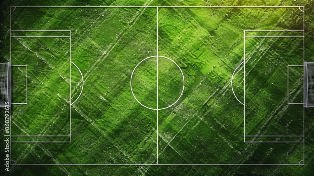 Realistic top view of a soccer field background with grass texture ...