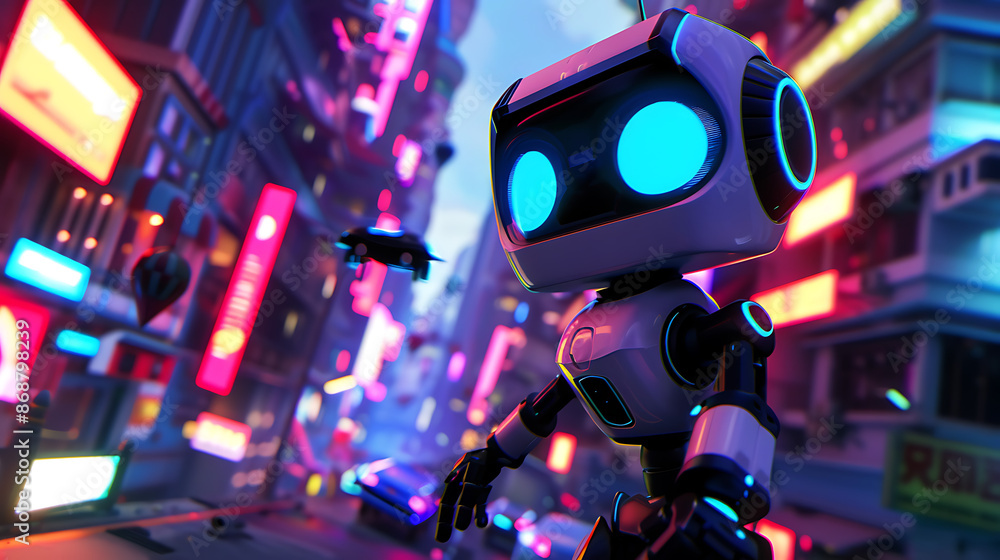 A 3D cartoon character of a friendly robot with a sleek design and ...