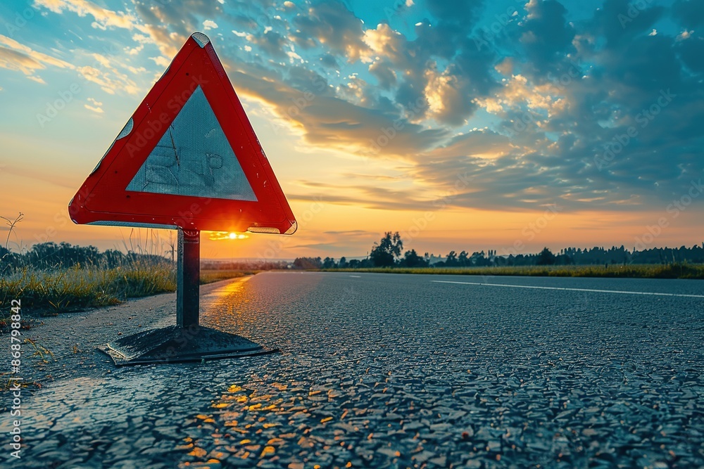 Red emergency stop sign, red triangle warning sign next to highway road ...