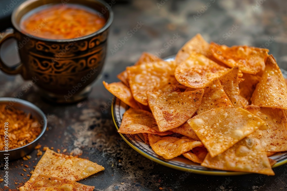 Spicy cassava chips with Indian chai popular tea time snacks in India ...