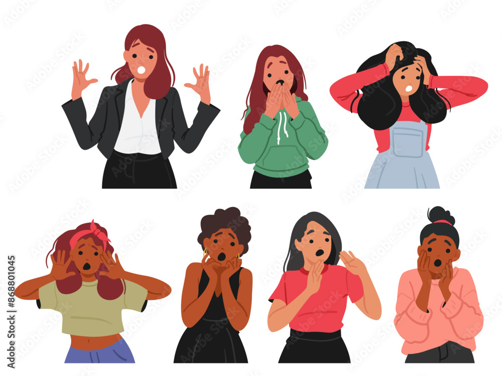 People Displaying Reactions Of Shock And Fear. Diverse Characters ...