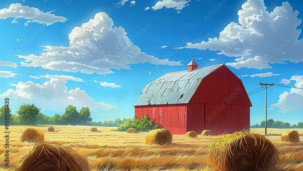 Farm-themed cartoon barn design featuring straw bales and hay piles ...