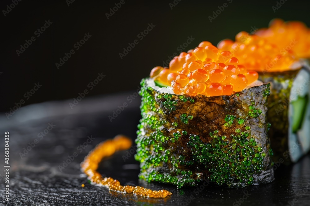 Sushi menu with Gunkan Maki Sushi Black background with green tobiko ...