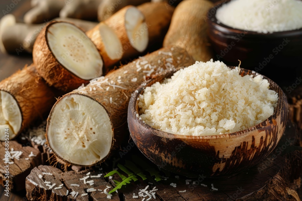 Tapioca root from India cooked with coconut for South Indian dish Kappa Puzhukku served with ...