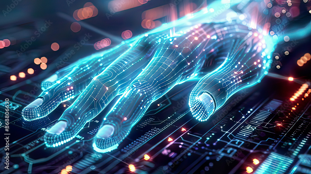 Hand geometry biometric system, intricate digital patterns, glowing ...