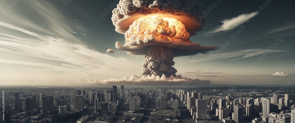 Atomic explosion creating a dramatic mushroom cloud over city skyline ...