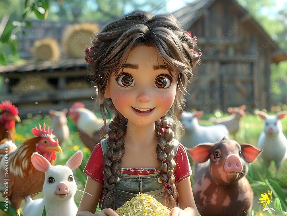 Fiona feeding farm animals Fiona surrounded cartoonish chickens cows ...
