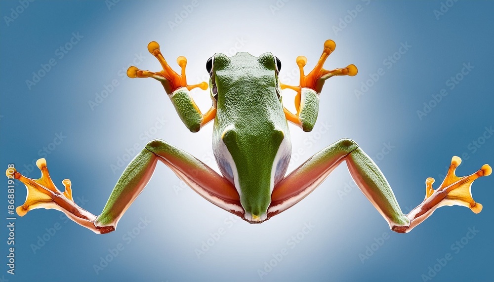 backside view of jumping green tree frog aka ranoidea caerulea isolated ...