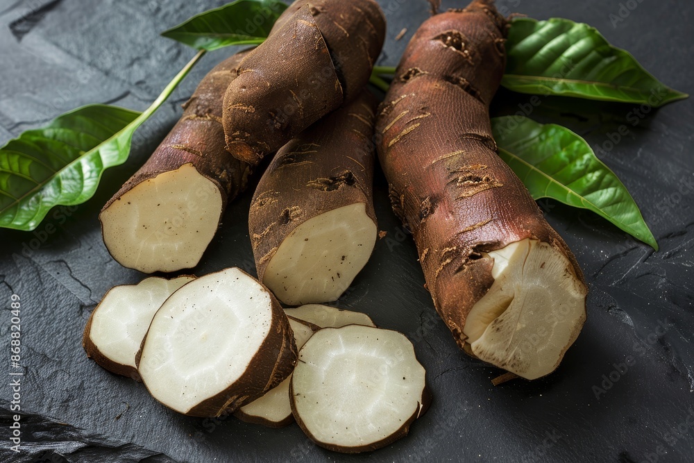 Whole and sliced cassava roots presented with leaves highlighting ...