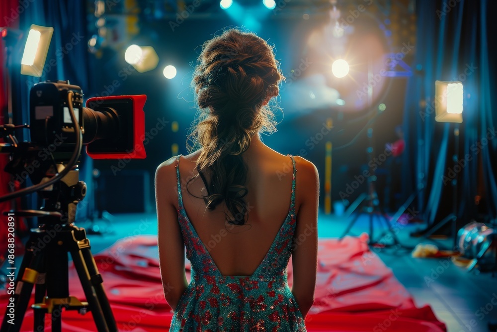 Woman standing in front of camera as model in fashion show or beauty ...